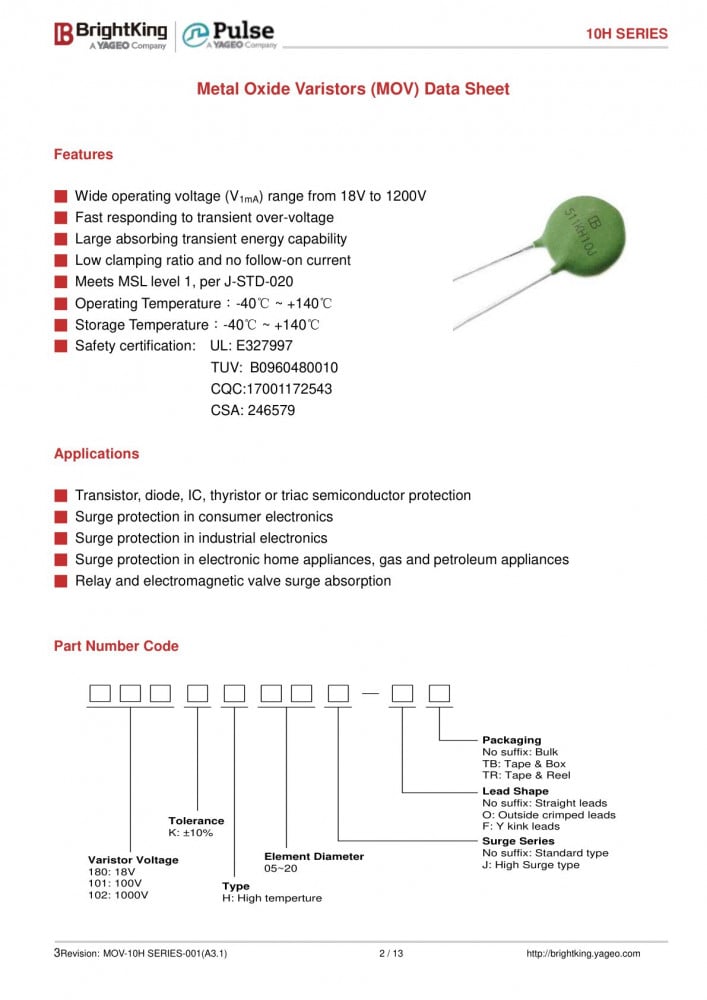 Brightking MOV datasheet page 1
