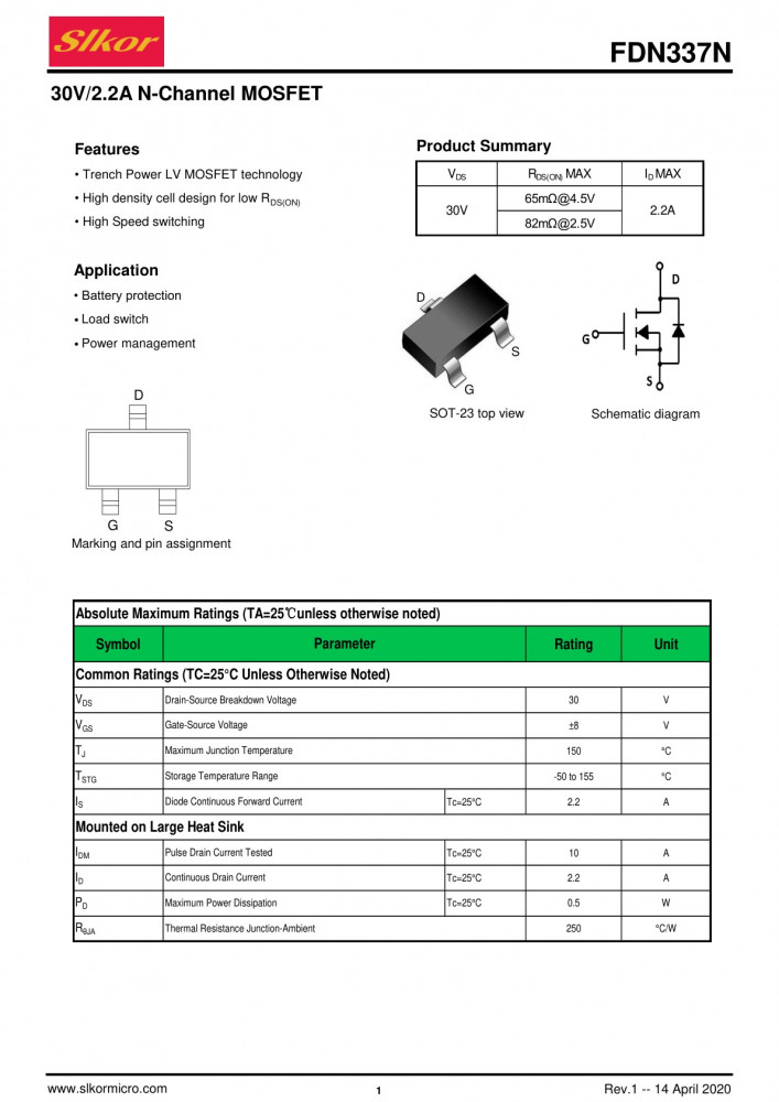 FDN337N datasheet page 1