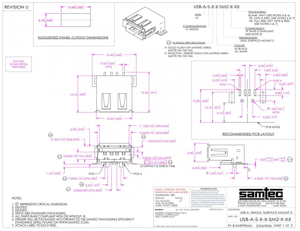 Samtec USB-A-S-S-B-VU-R technical drawing page 1