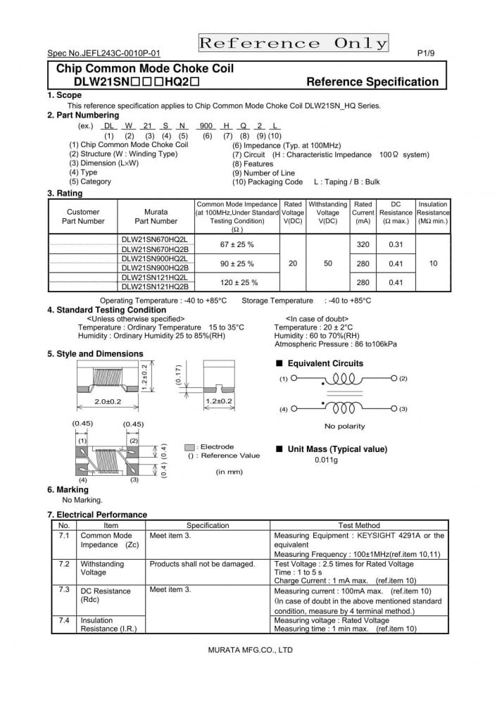 DLW21SN900HQ2L specification page 1