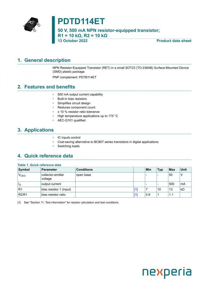 PDTD114ETR datasheet page 1