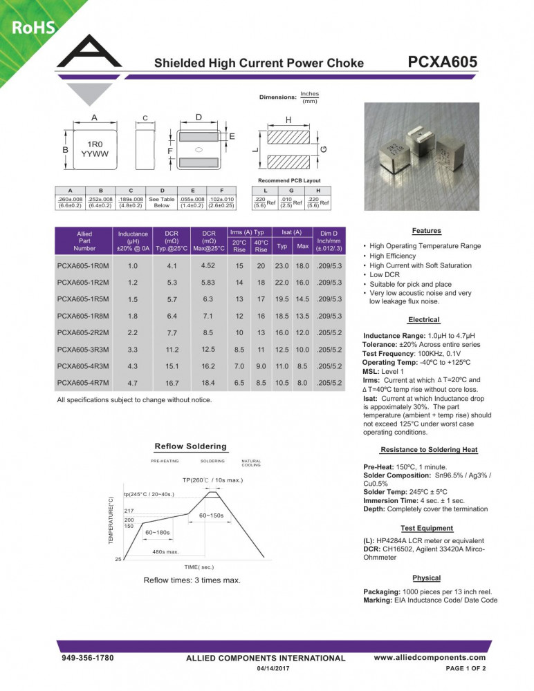 PCXA605 series datasheet visual, page 1