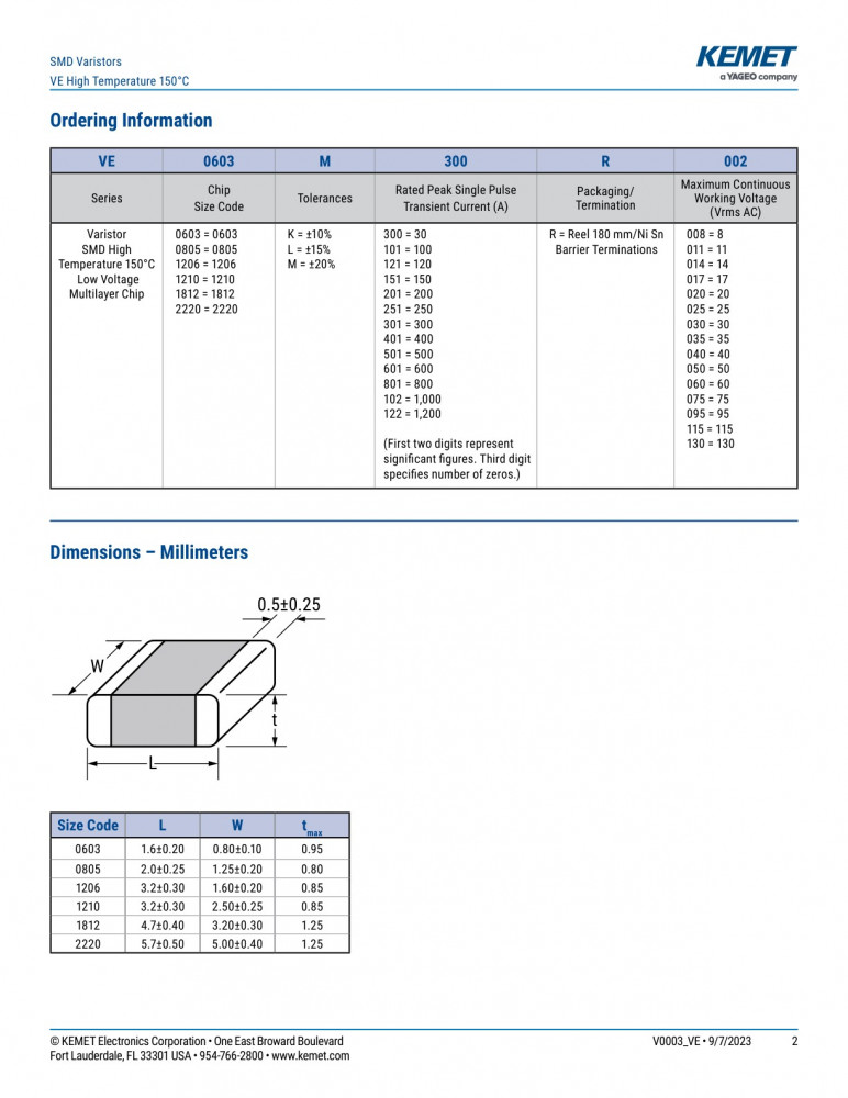 KEMET VE series datasheet page 2