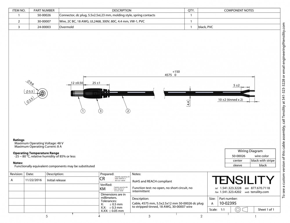 Tensility International 10-02395 cable assembly technical drawing