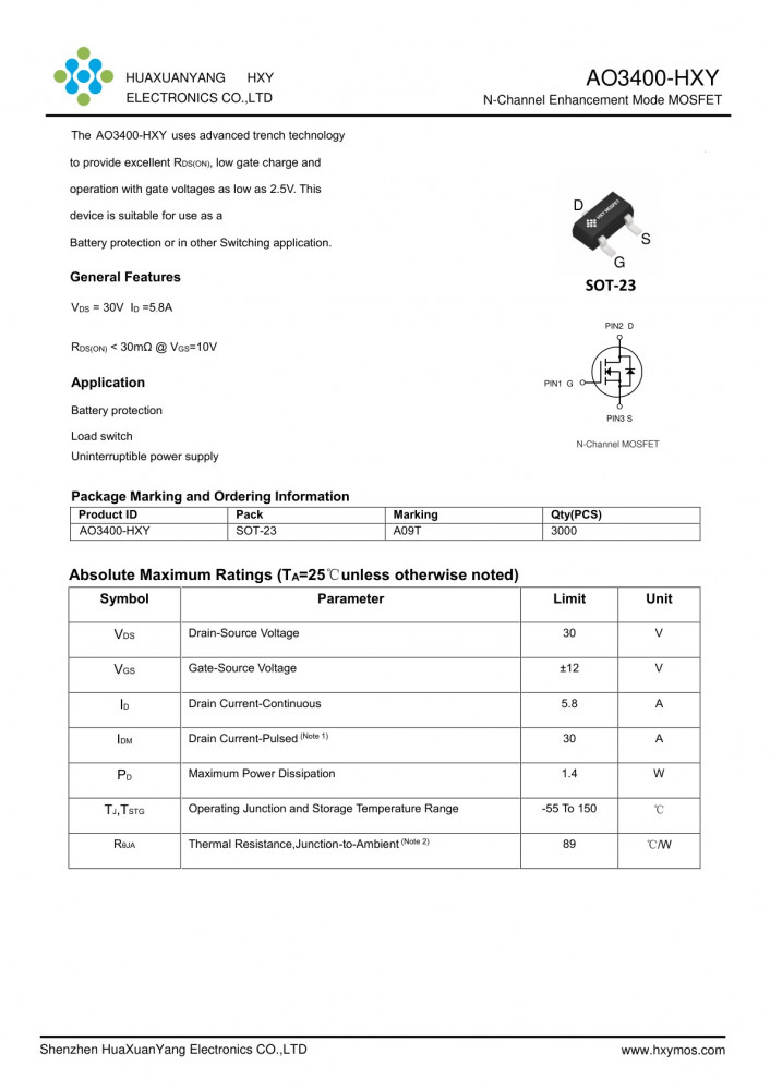 AO3400-HXY datasheet page 1