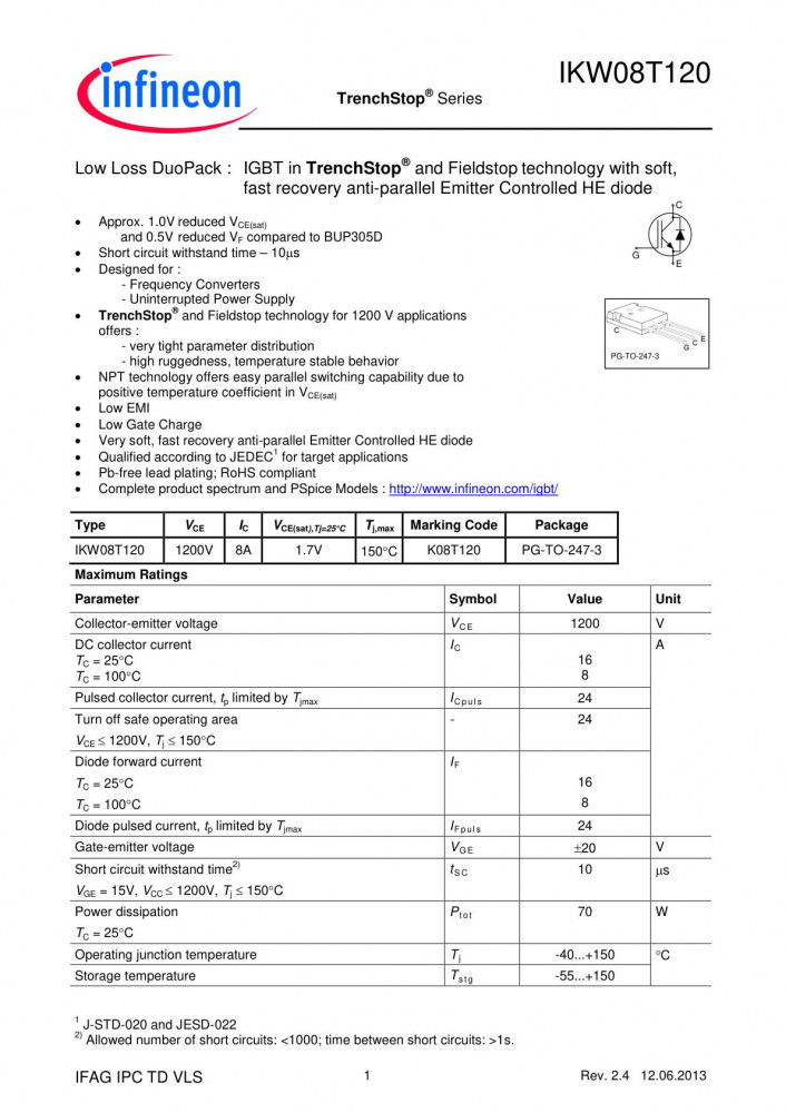IKW08T120 datasheet page 1