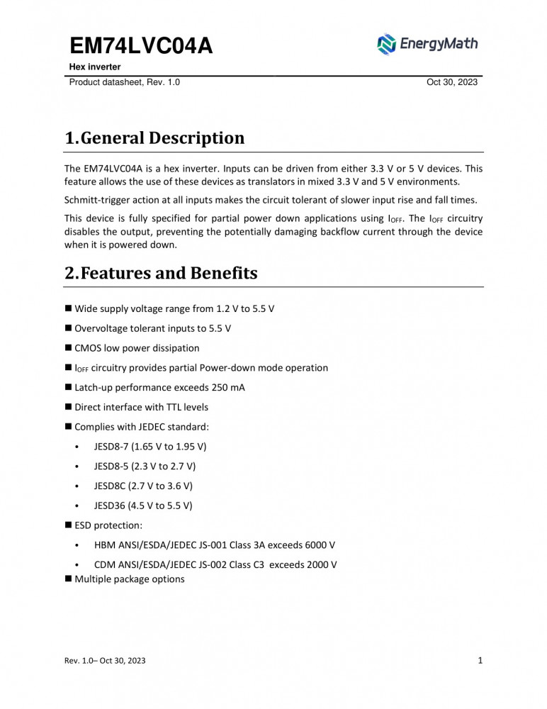 EM74LVC04AD datasheet page 1
