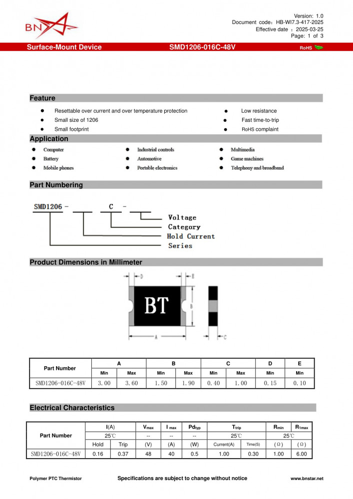 BNstar SMD1206-016C-48V datasheet page 1