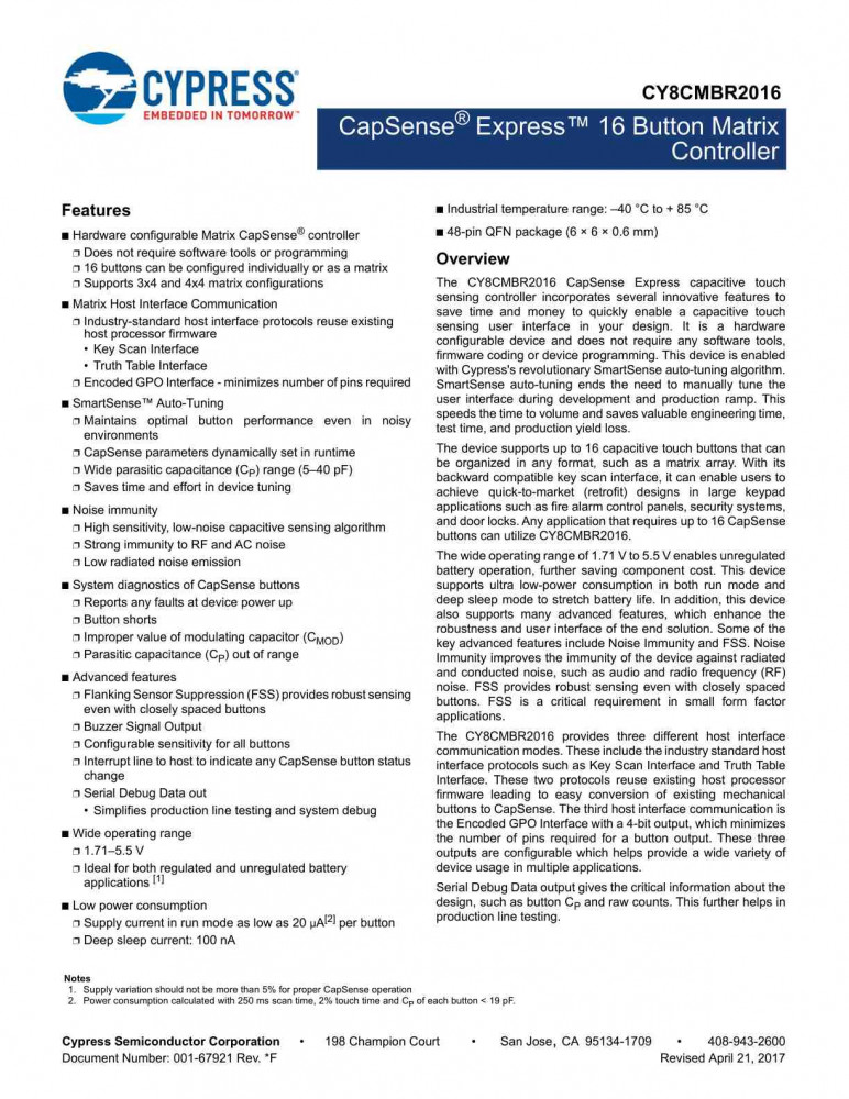 CY8CMBR2016 document page 1