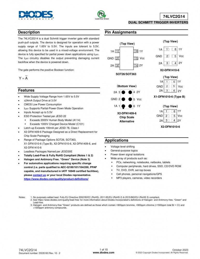 74LVC2G14FX4-7 datasheet page 1