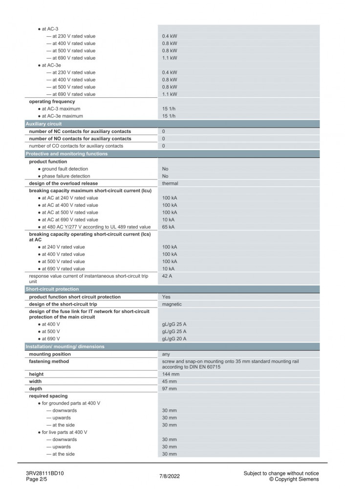 3RV28111BD10 technical document page 2