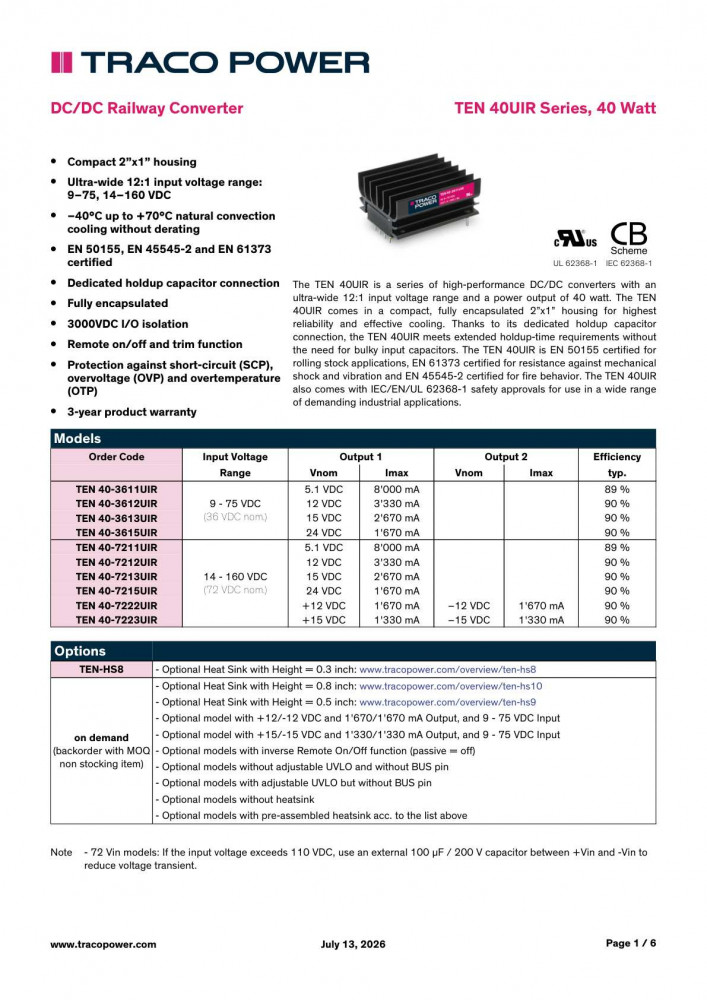 TEN 40UIR product document page 1
