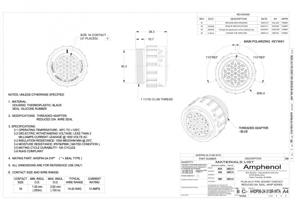 Amphenol AHDP06-24-31SR-WTA technical drawing page 1