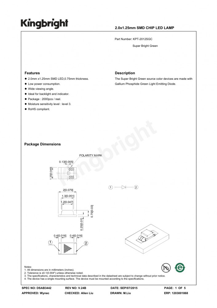 KPT-2012SGC datasheet page 1
