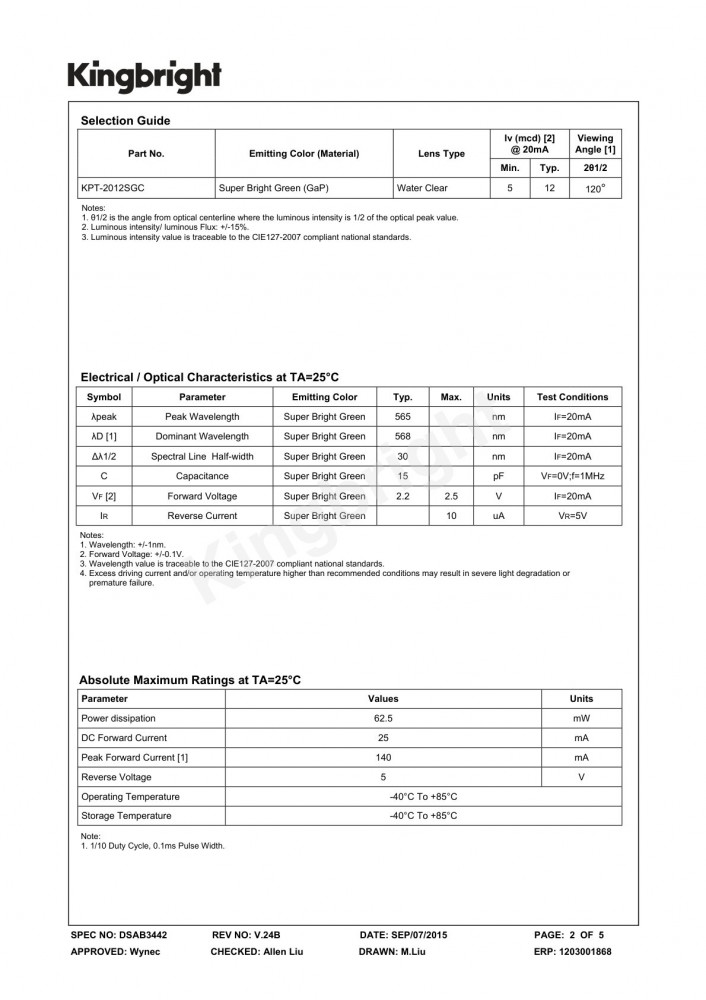 KPT-2012SGC datasheet page 2