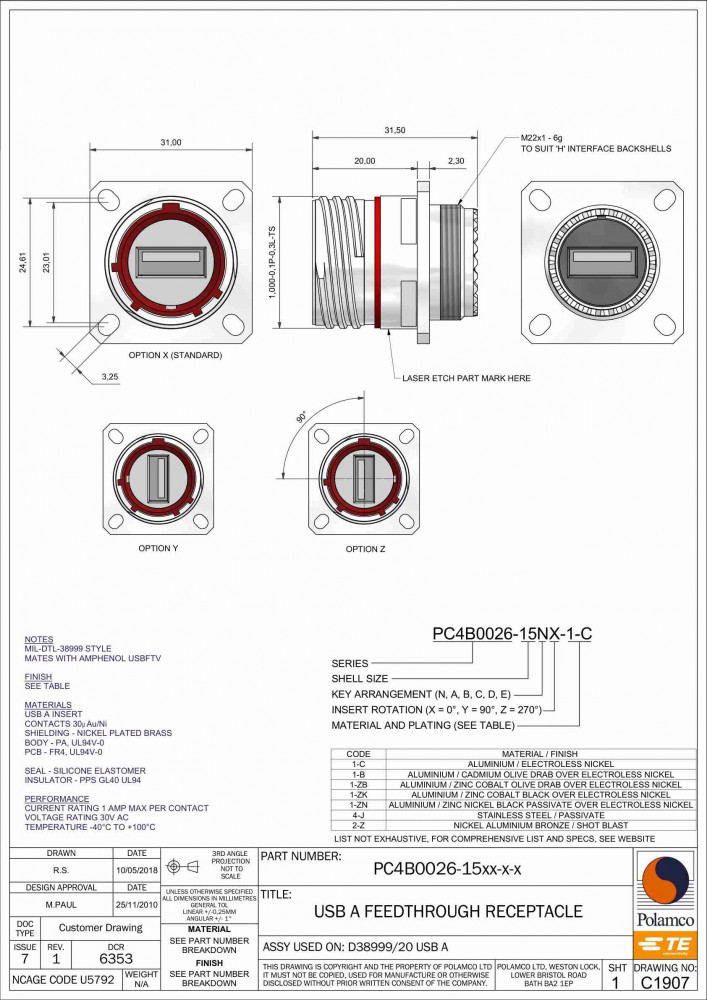 PC4B0026-15NX-1-C USB-A feedthrough receptacle product drawing