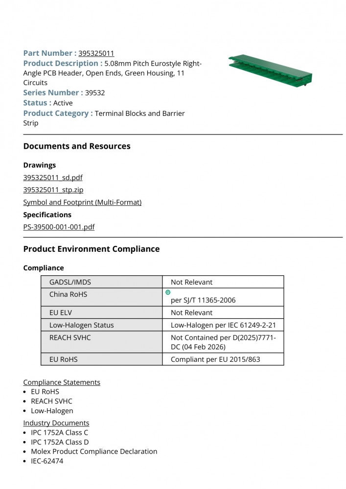 Technical document page 1 for MOLEX 395325011