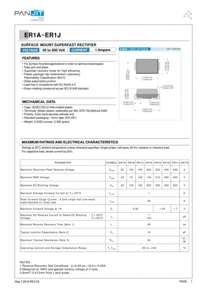PANJIT ER1J datasheet page 1