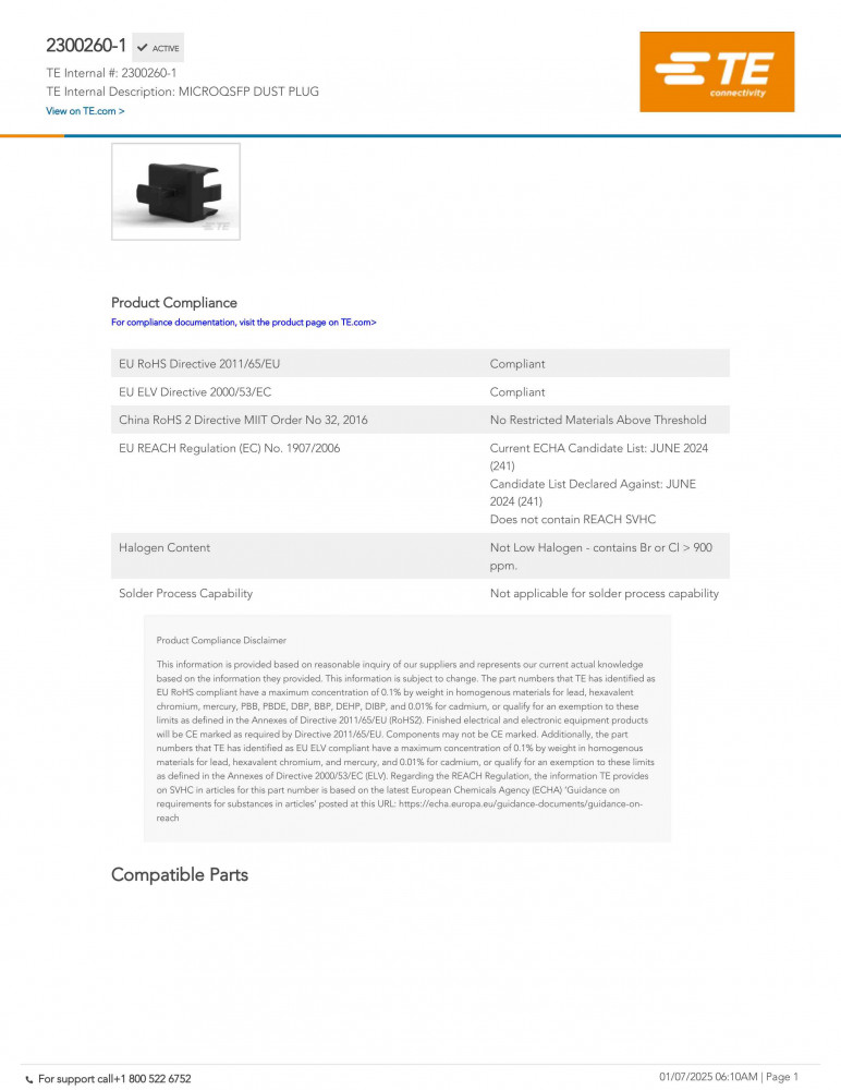 TE Connectivity 2300260-1 technical document page 1