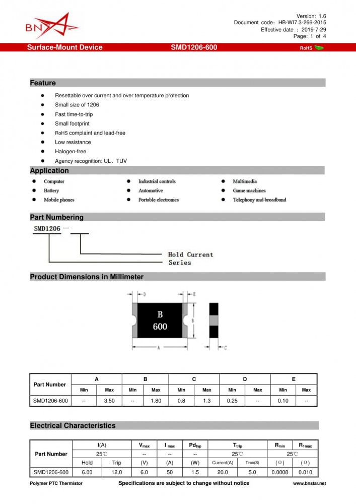 BNstar SMD1206-600-6V datasheet page 1