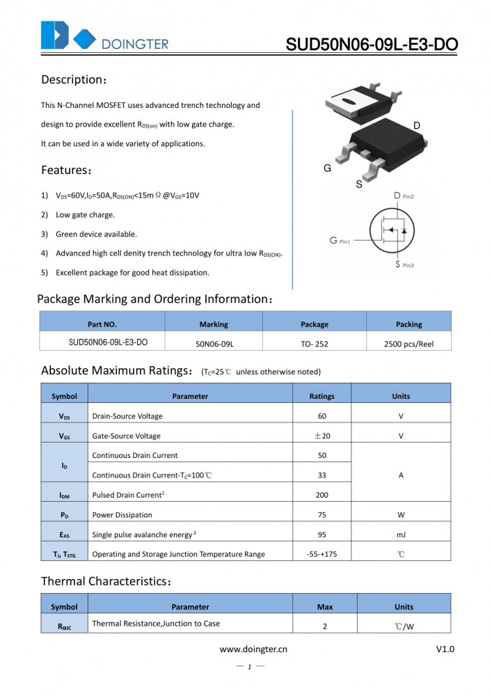 SUD50N06-09L-E3-DO datasheet page 1