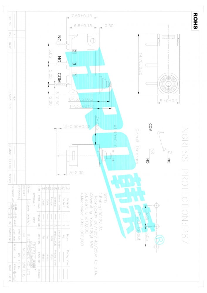 K9-1801G technical document showing circuit diagram and PCB layout