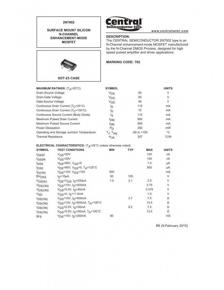 Central 2N7002 datasheet page 1