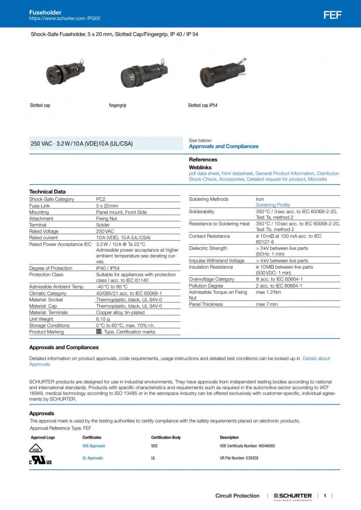 SCHURTER 0031.1085 technical document page 1