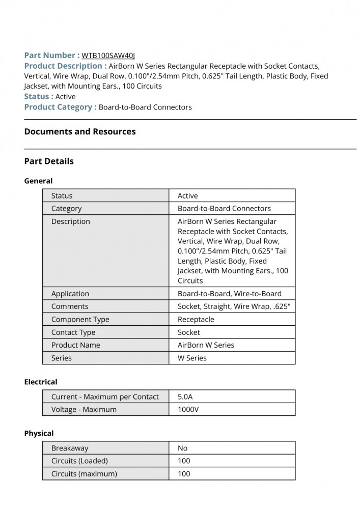 WTB100SAW40J technical document preview, page 1