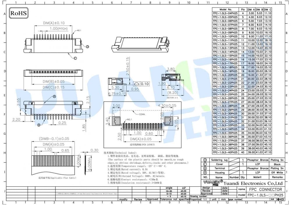 FPC-1.0LS-08PH25 technical drawing page 1