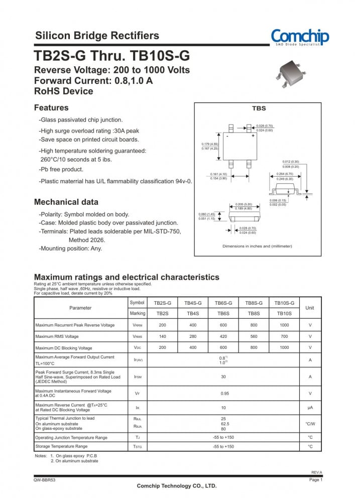 Comchip TB10S-G datasheet page 1