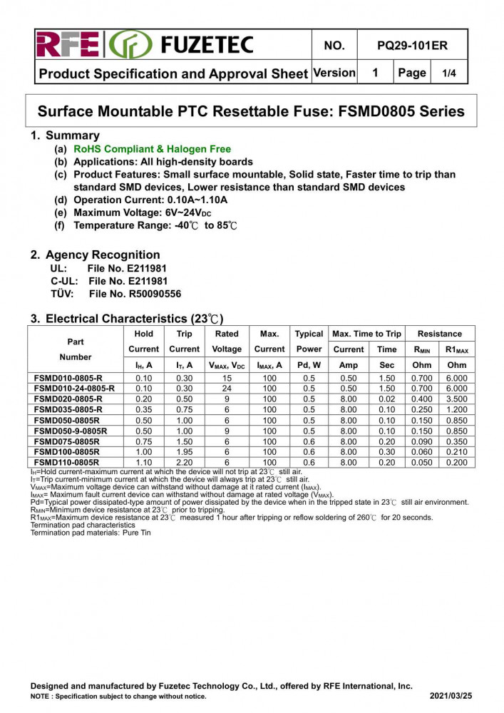 FSMD0805 series specification sheet page 1
