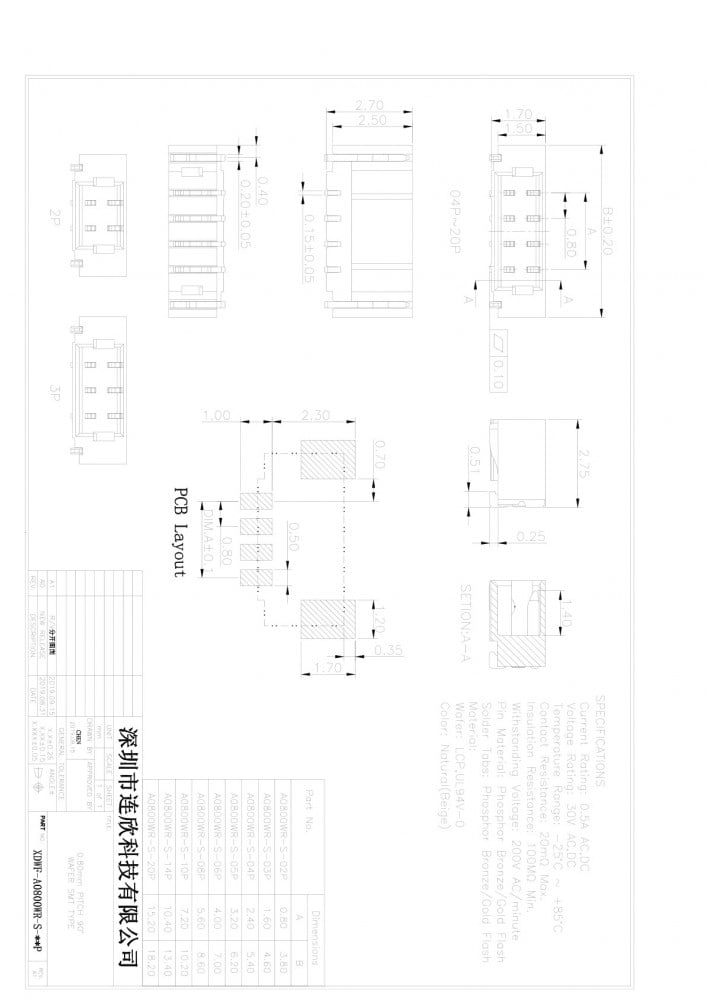 Lian Xin Technology XDWF-A0800WR-S-05P technical drawing