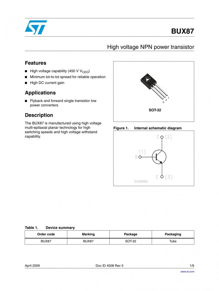 BUX87 datasheet page 1
