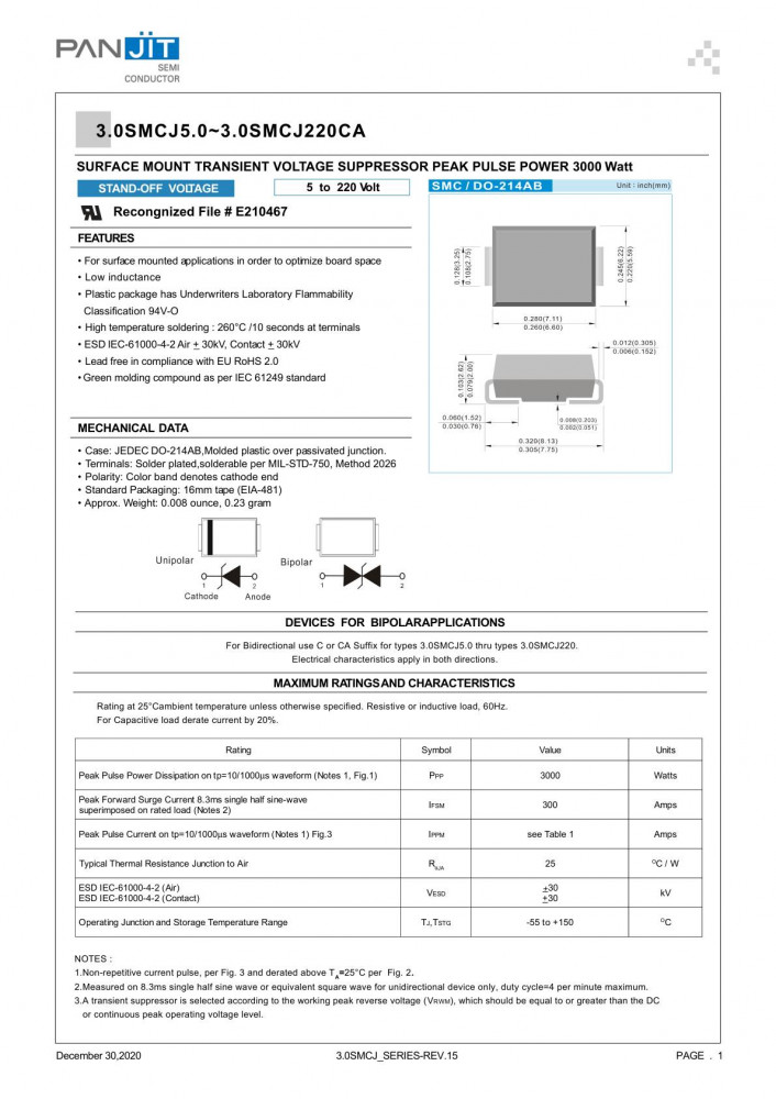PANJIT TVS datasheet page 1