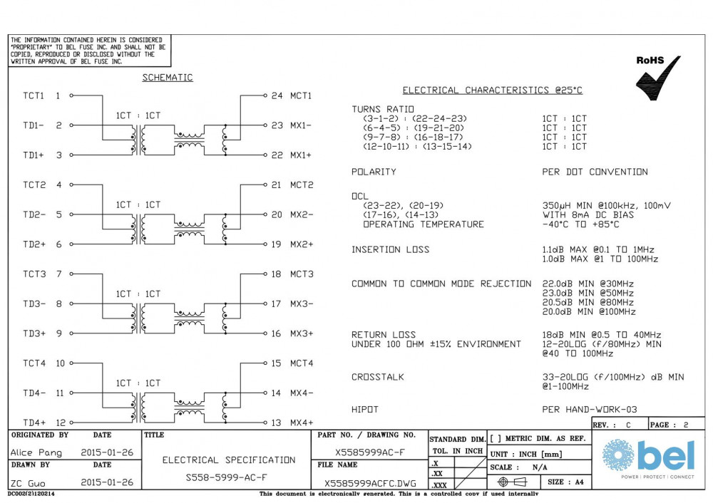 Bel Fuse S558-5999-AC-F electrical specifications document