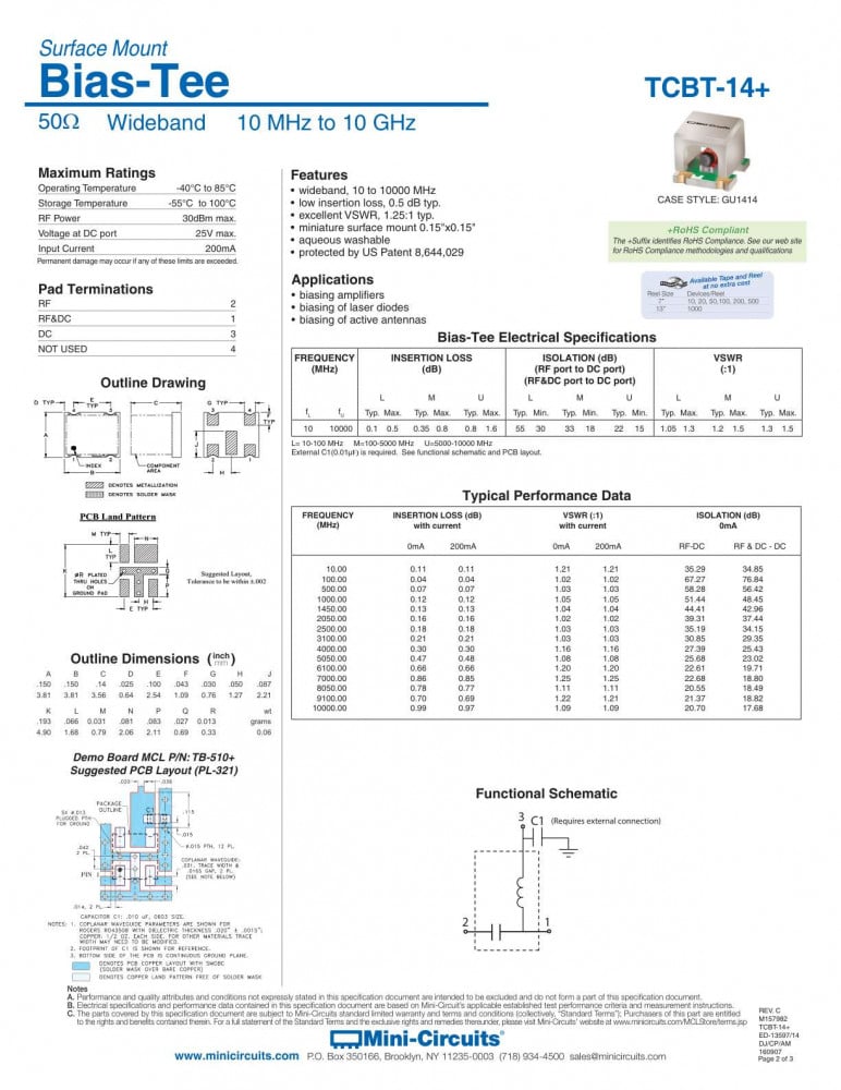 TCBT-14+ maximum ratings and package layout