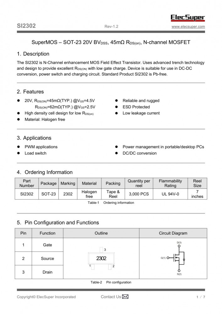 SI2302 datasheet page 1