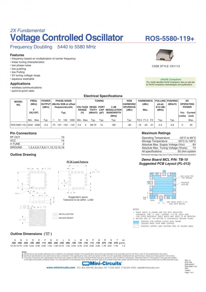 ROS-5580-119+ technical datasheet page 1