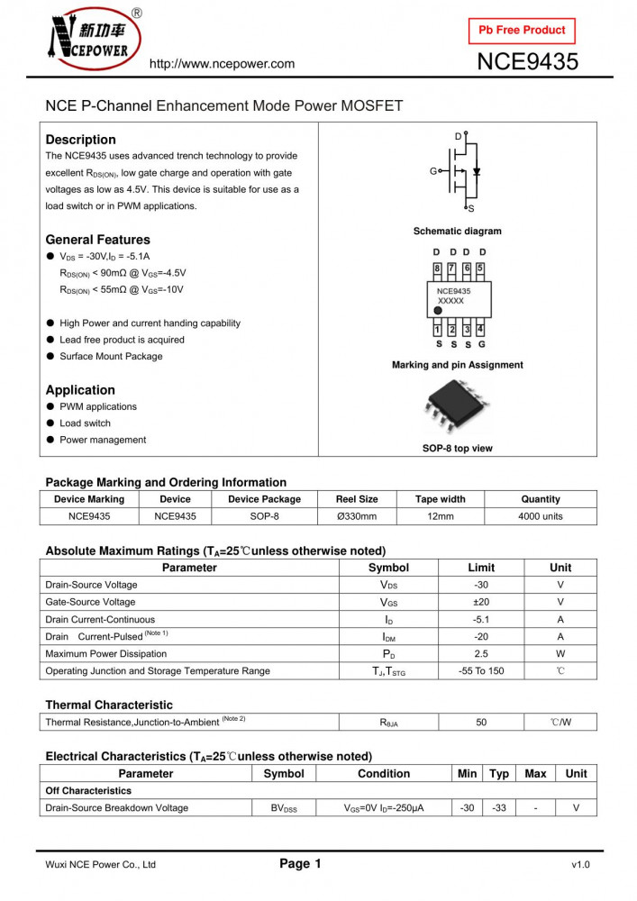 NCE9435 datasheet page 1