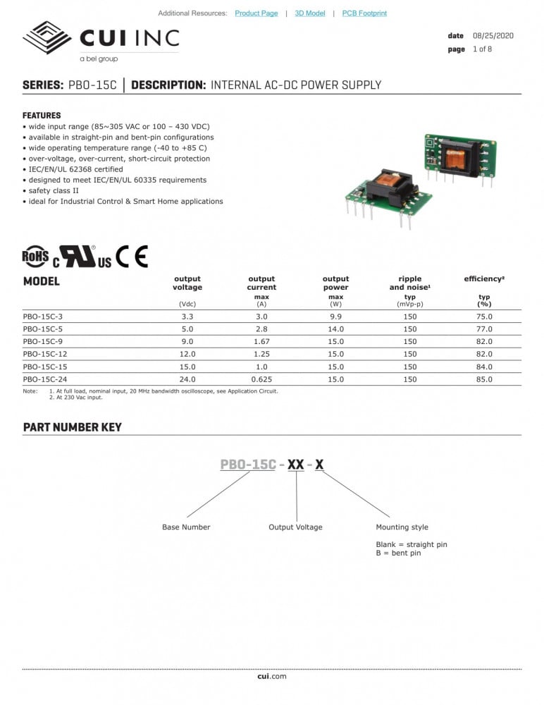 CUI PBO-15C-12 datasheet page 1
