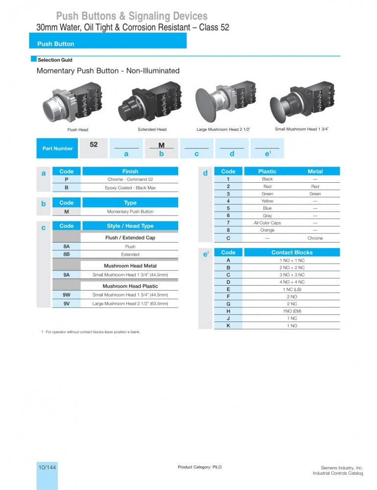 SIEMENS 52 Series push button selection guide page 1