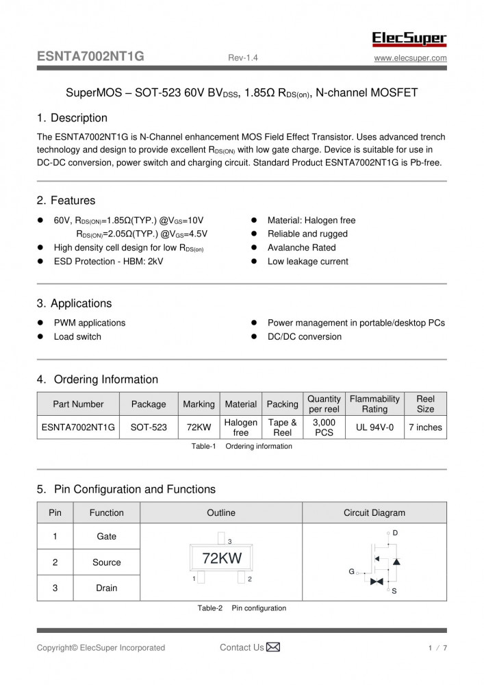 ESNTA7002NT1G datasheet page 1