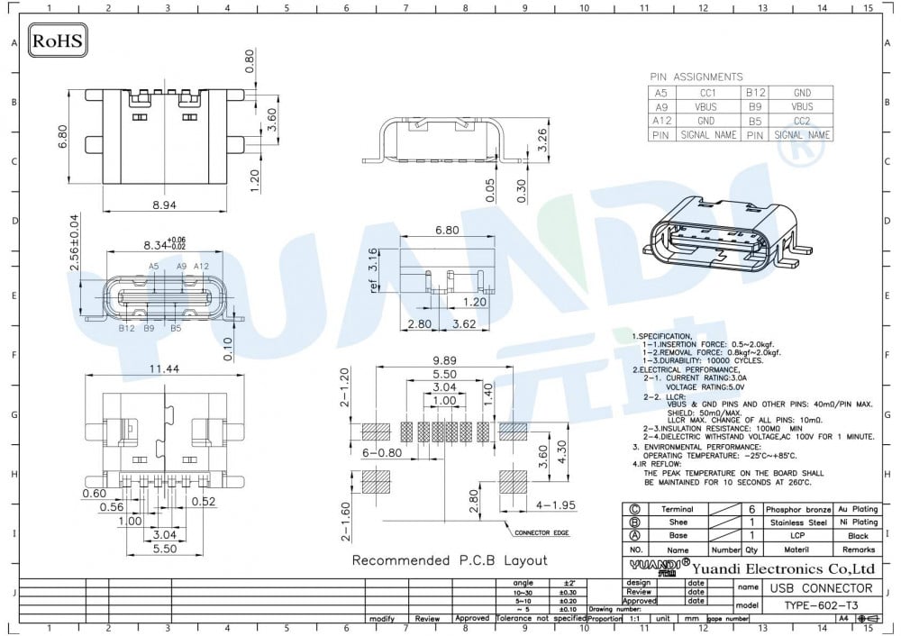 Yuandi TYPE-602-T3 USB connector technical drawing