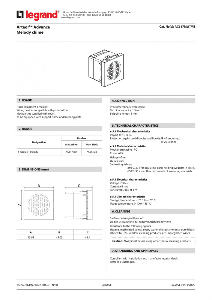 Legrand AC617MW product technical document preview
