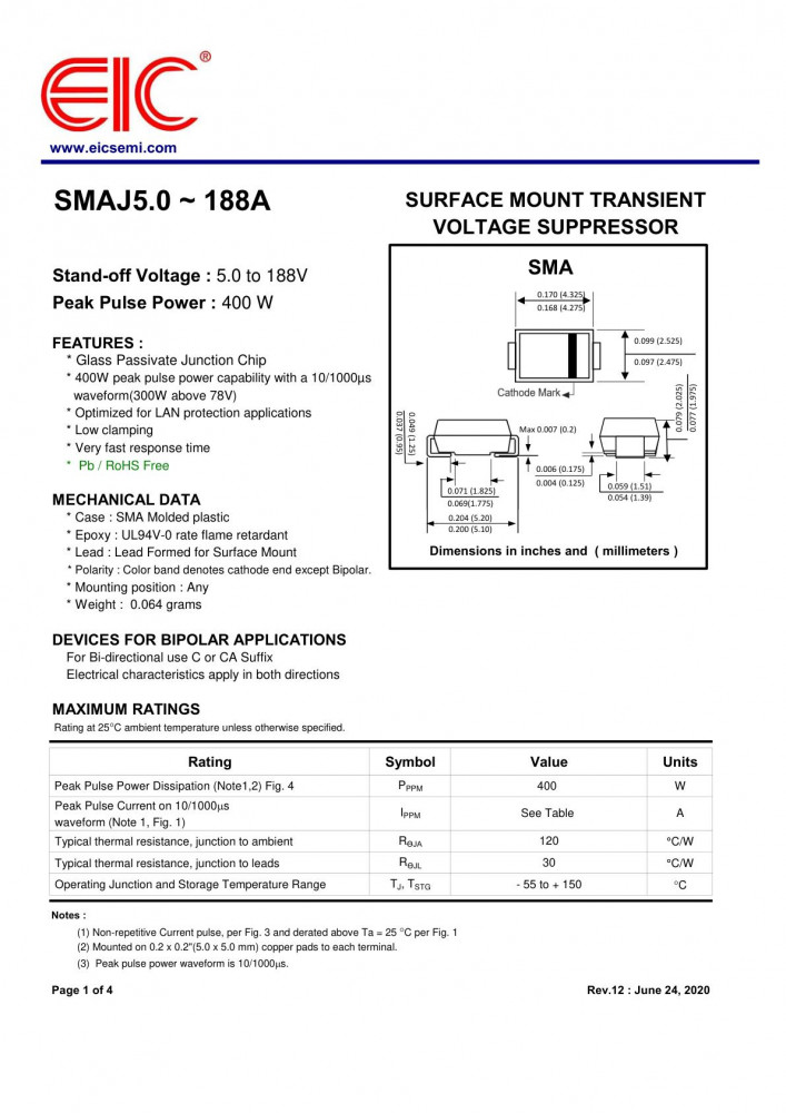EIC SMAJ series datasheet page 1