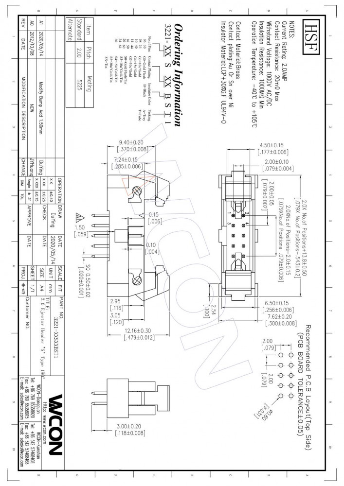 Wcon 3221 series 2.0 mm ejector header technical drawing