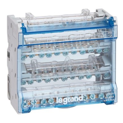Modular distribution block with staggered bars 100 A - 7 connections per busbar - 4 modules