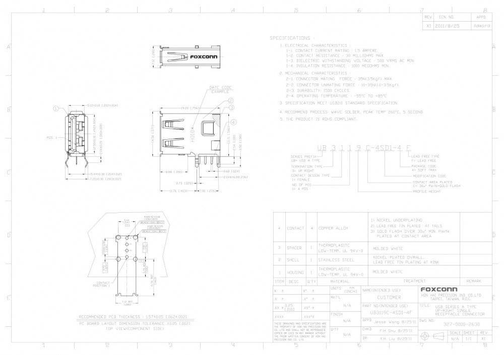 FOXCONN UB3119C-4SD1-4F specification drawing