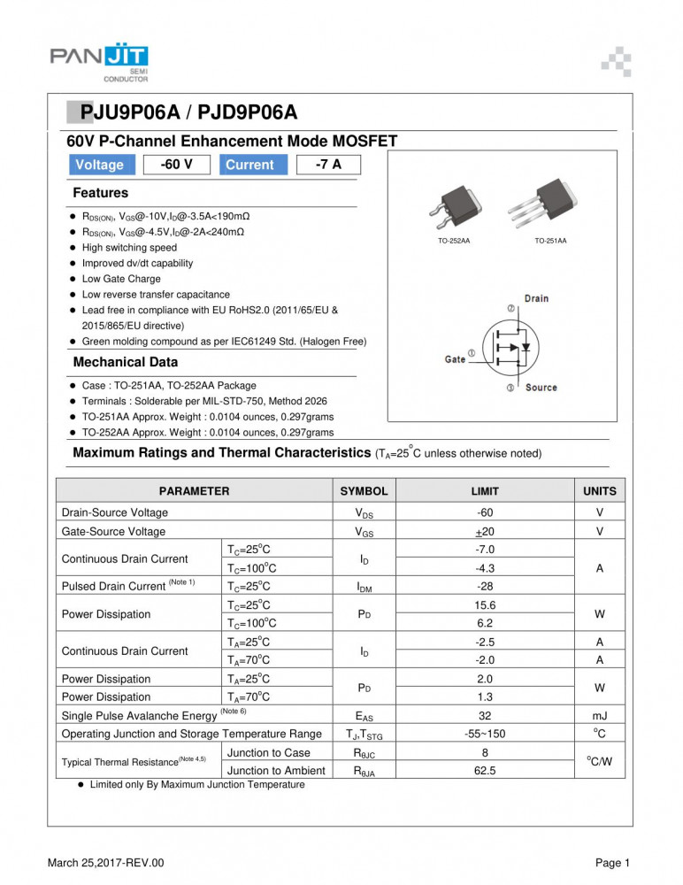 PJD9P06A datasheet page 1